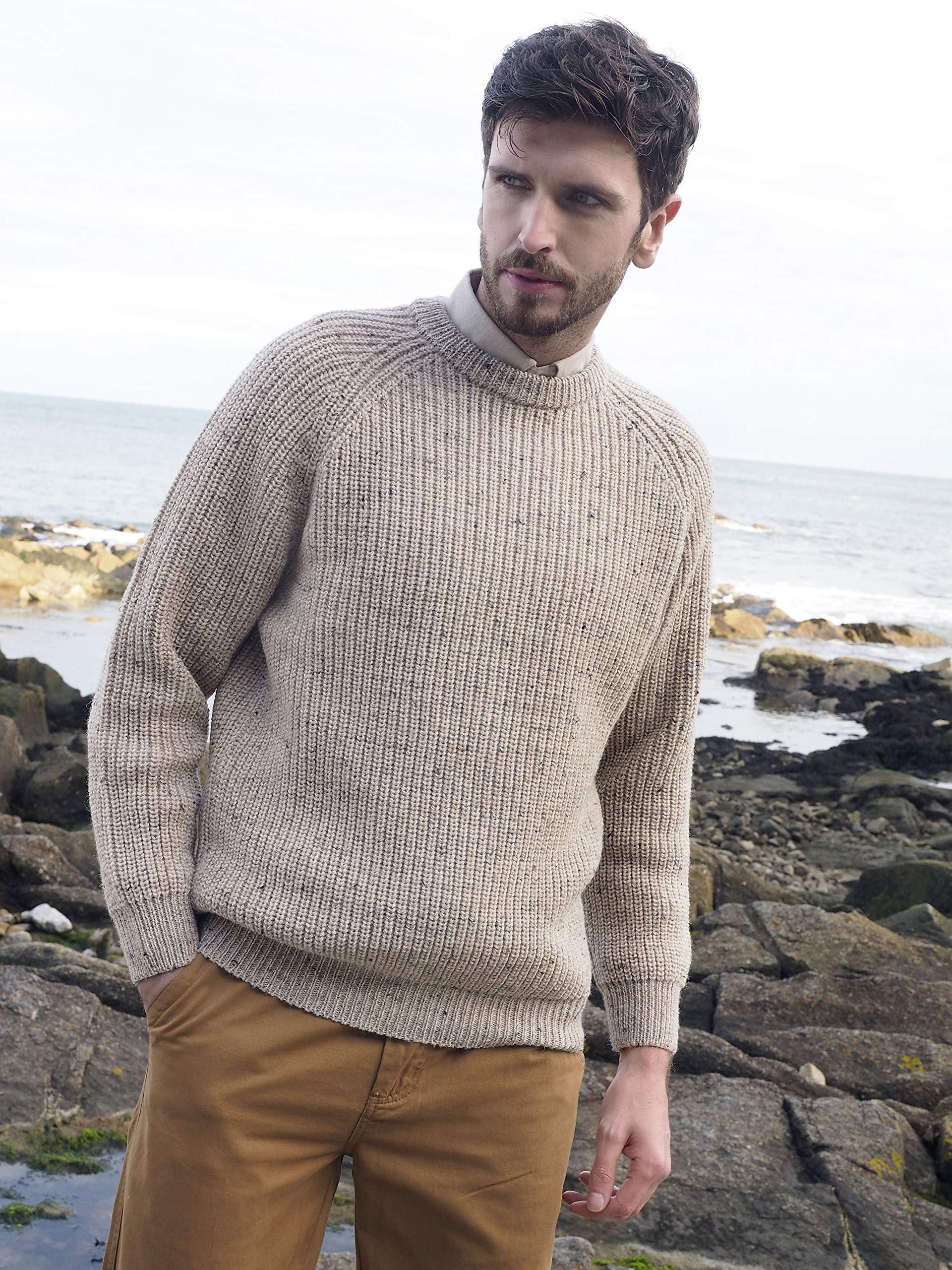 Aran Crafts Men's Fisherman Irish Rib Crew Neck Wool Sweater (C761-XL-SKI)