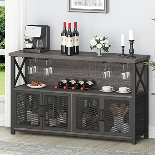 LVB Wine Bar Cabinet, Industrial Coffee Bar Cabinet for Liquor and Glasses, Modern Sideboard Buffet with Storage Rack, Rustic Liquor Home Bar for Kitchen Dining Living Room, Dark Gray Oak, 47 Inch