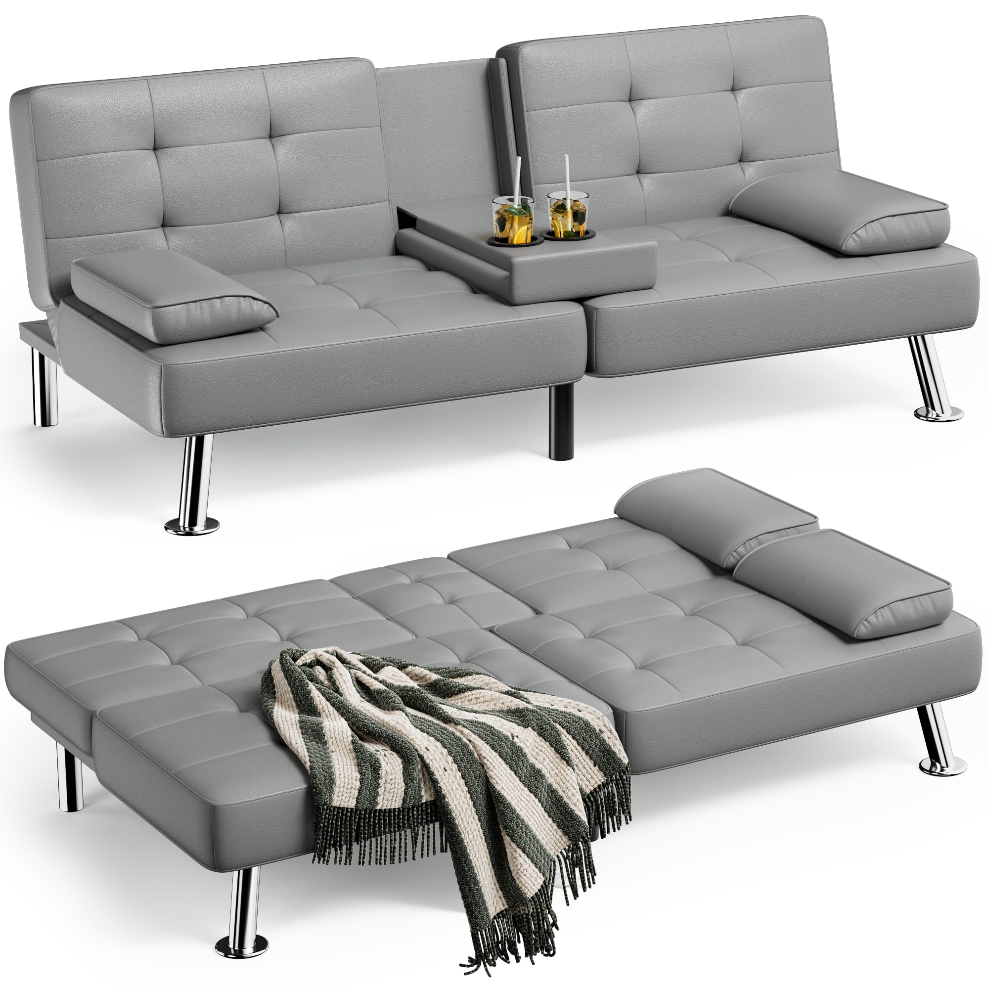 JUMMICO Faux Leather Futon Sofa Bed Futon Couch with Removable Armrests Adjustable Sleeper Sofa Bed with 2 Cup Holders for Living Room (PU Leather, Grey)