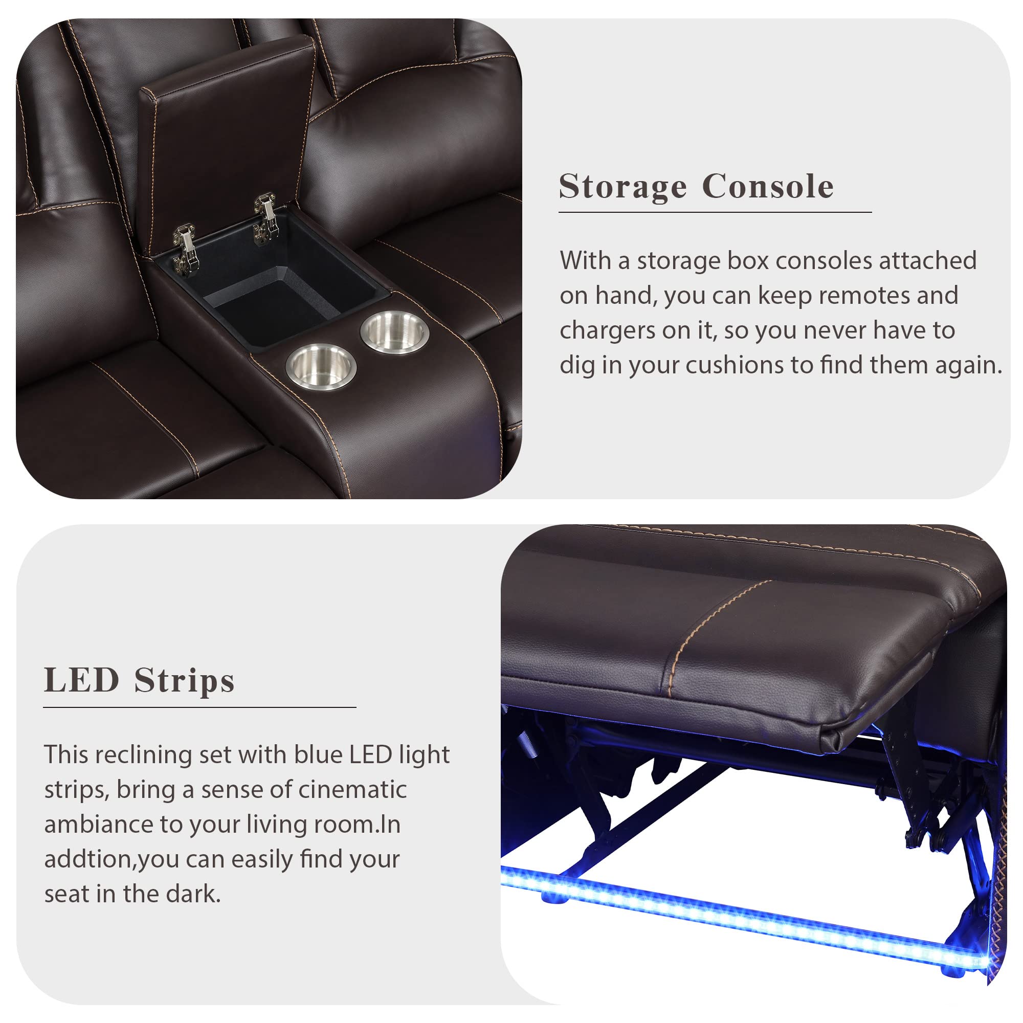Lifeand Modern Faux Leather Manual Reclining with Center Console and Light Strip,PU Symmetrical Couch with 2 Cup Holders and Storage for Living Room,Brown