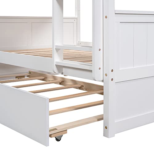 SOFTSEA Full Over Full Bunk Beds with Trundle for Kids Teens, Convertible to 2 Platform Bed Frame, Wood Bed Frame for Adults (White Full Over Full)