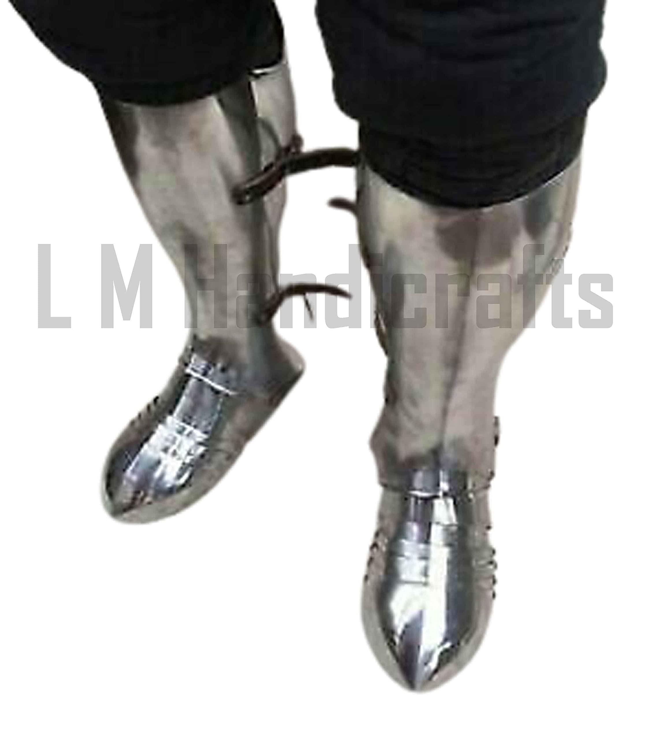 L M Handicrafts Medieval Armor Leg Greaves, Full Size Reproduction, 18 Gauge Mild Steel, Polished Finish, Some Assembly Required, Silver, Standard Size, Cosplay Party