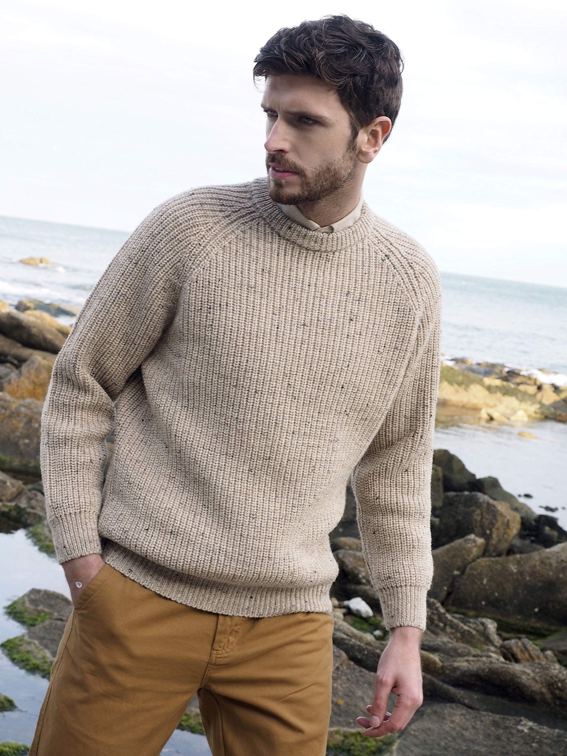 Aran Crafts Men's Fisherman Irish Rib Crew Neck Wool Sweater (C761-XL-SKI)