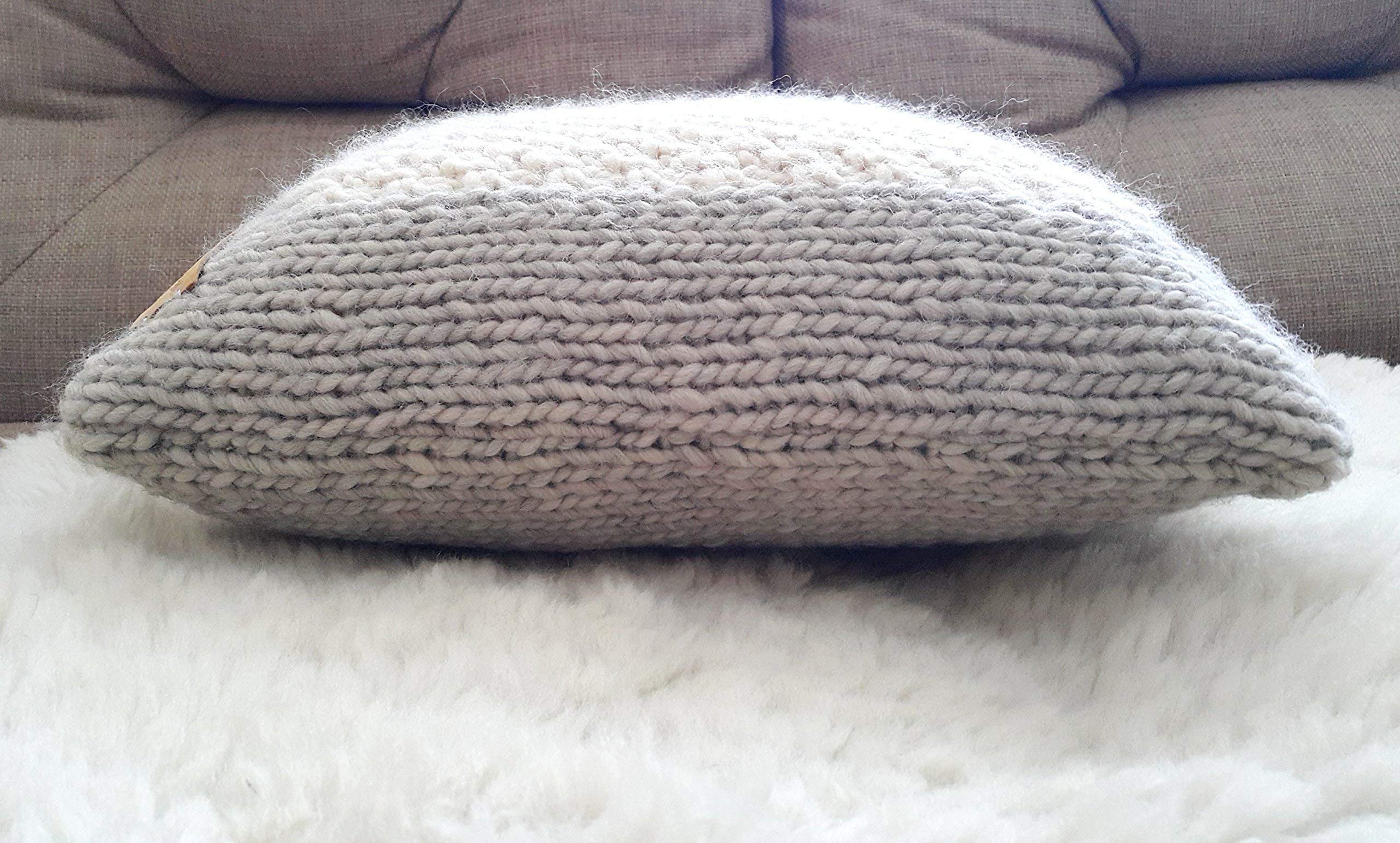 Merino Wool Cushion, Hand Knit Pillow Knitted Pillow Knitted White Ggrey Roving Yarn Square Handmade 16.5 x16.5 inches