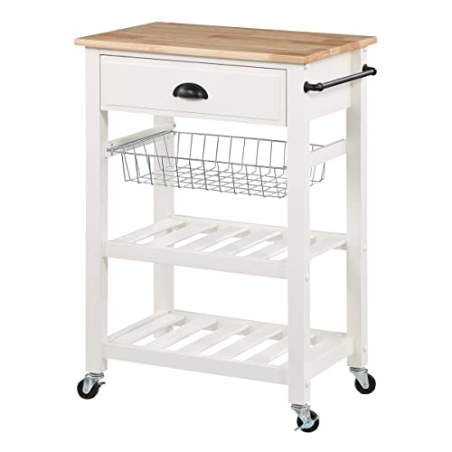 OS Home and Office Furniture Model HMPNW-11 Hampton Kitchen Cart in White with Solid Rubberwood Top