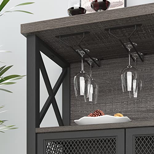 LVB Wine Bar Cabinet, Industrial Coffee Bar Cabinet for Liquor and Glasses, Modern Sideboard Buffet with Storage Rack, Rustic Liquor Home Bar for Kitchen Dining Living Room, Dark Gray Oak, 47 Inch