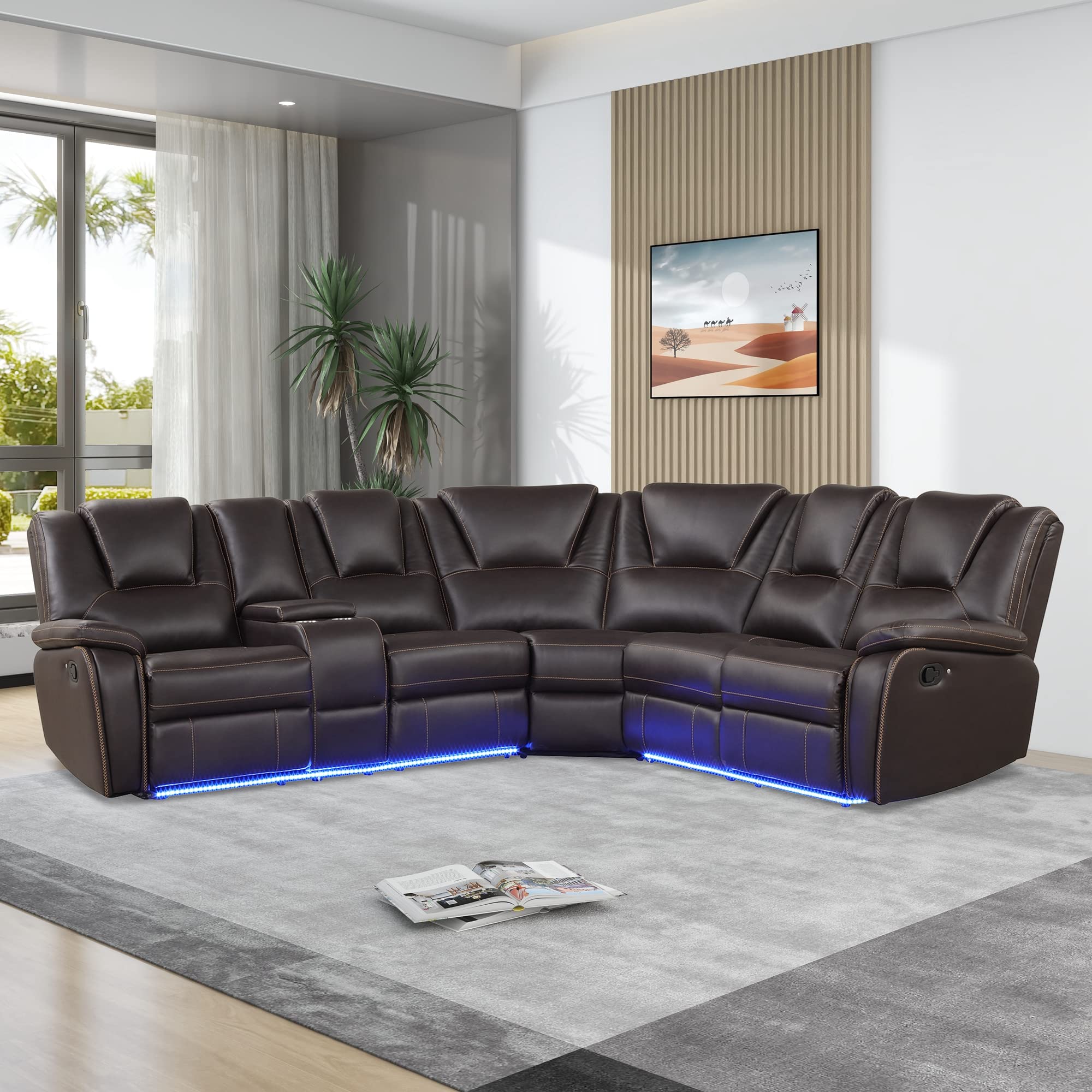Lifeand Modern Faux Leather Manual Reclining with Center Console and Light Strip,PU Symmetrical Couch with 2 Cup Holders and Storage for Living Room,Brown