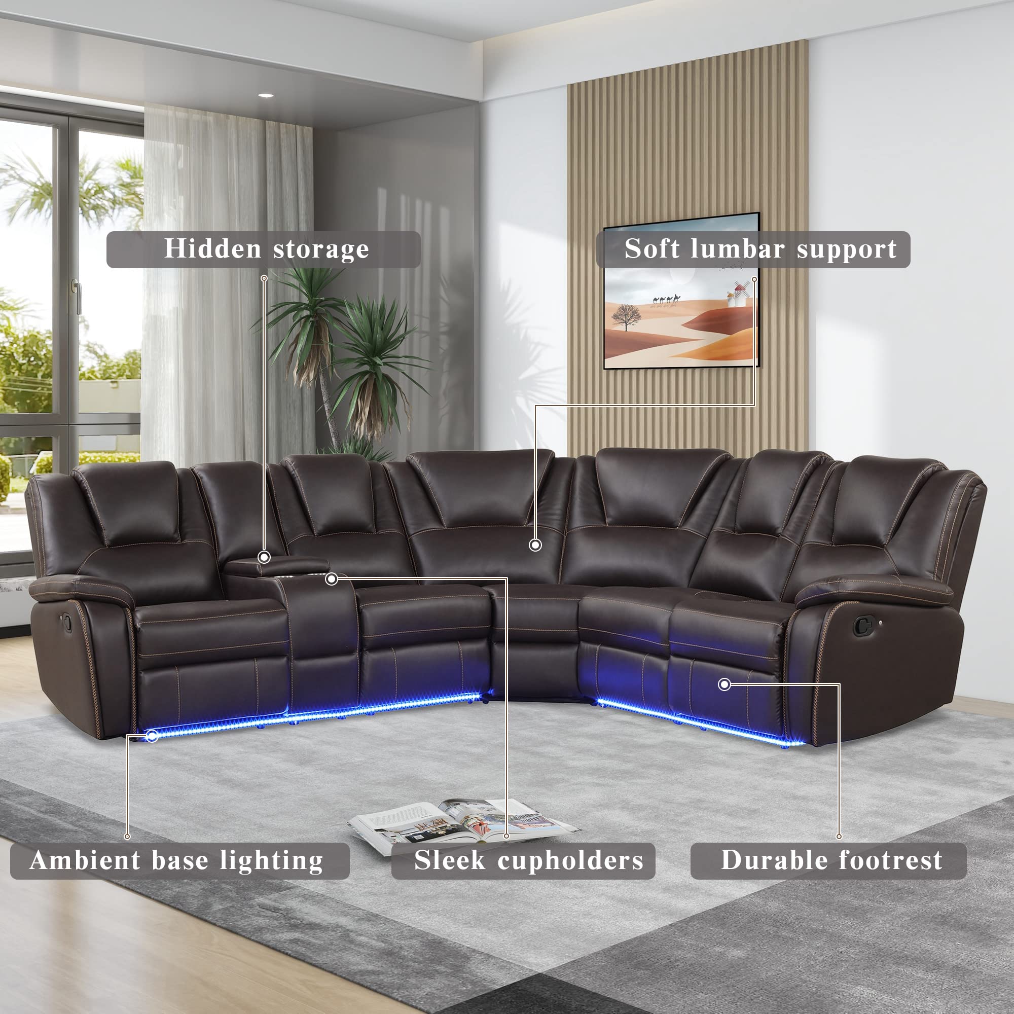 Lifeand Modern Faux Leather Manual Reclining with Center Console and Light Strip,PU Symmetrical Couch with 2 Cup Holders and Storage for Living Room,Brown