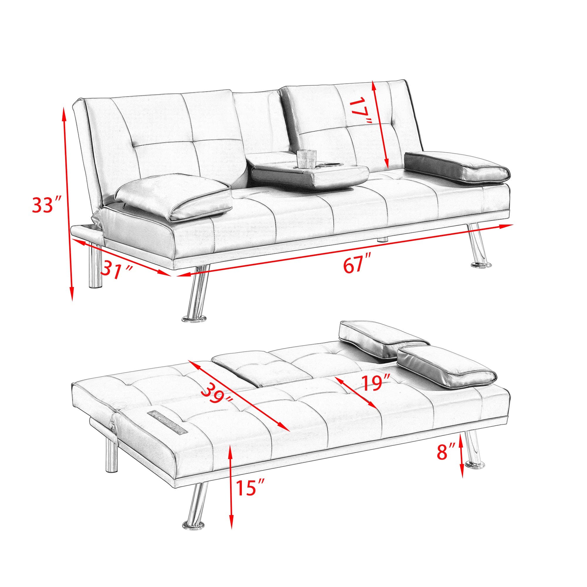 LIADTOP 67" Multifunctional Sofa 2 Cup Holders,Leather Loveseat Sleeper with Removable Armrests,Convertible Folding Couches Bed for Small Spaces,Black