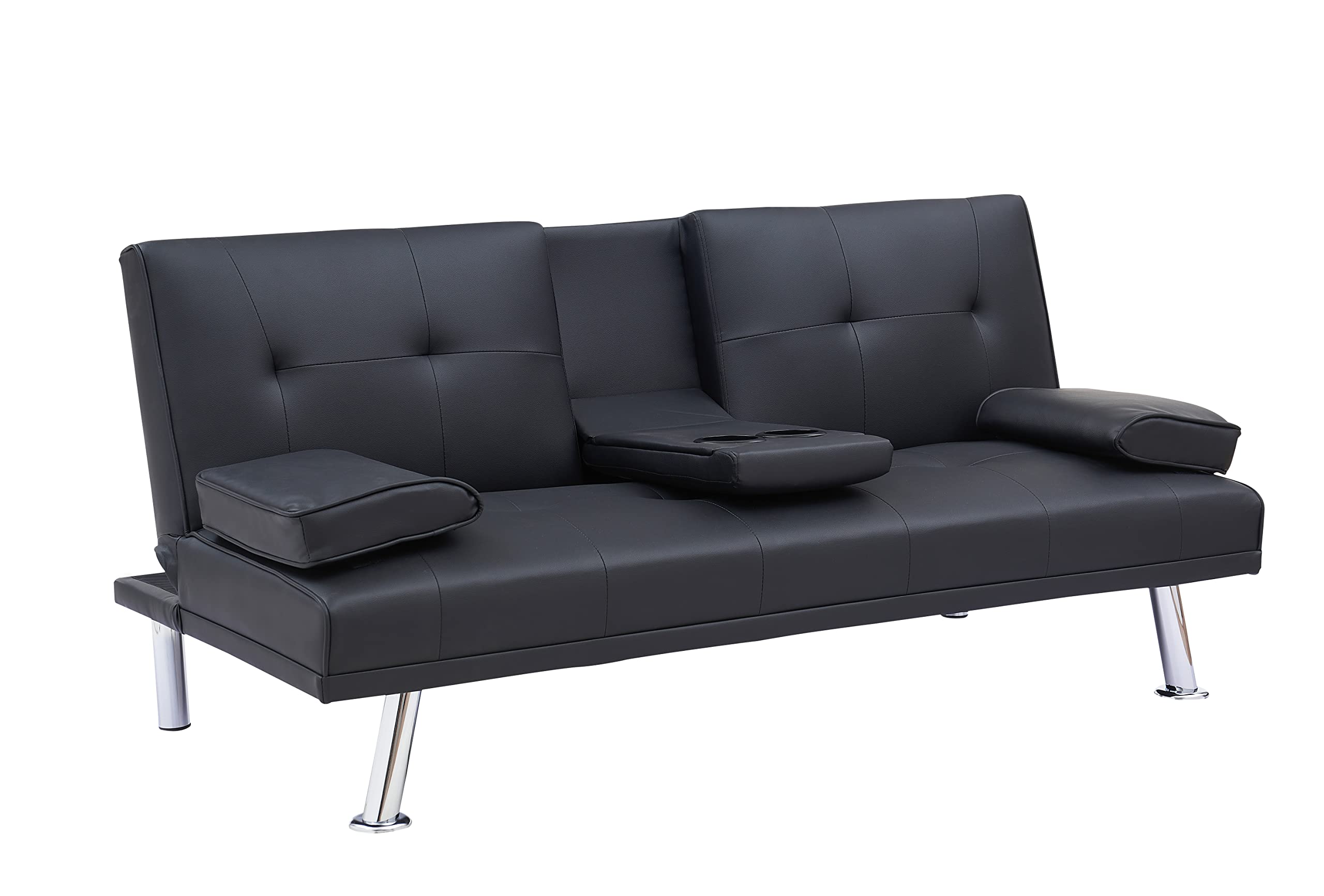LIADTOP 67" Multifunctional Sofa 2 Cup Holders,Leather Loveseat Sleeper with Removable Armrests,Convertible Folding Couches Bed for Small Spaces,Black