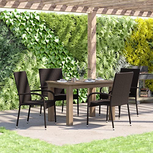 Flash Furniture Indoor/Outdoor Dining Chairs with Arms Wicker Wrapped Steel Frames, 4 Pack, Espresso
