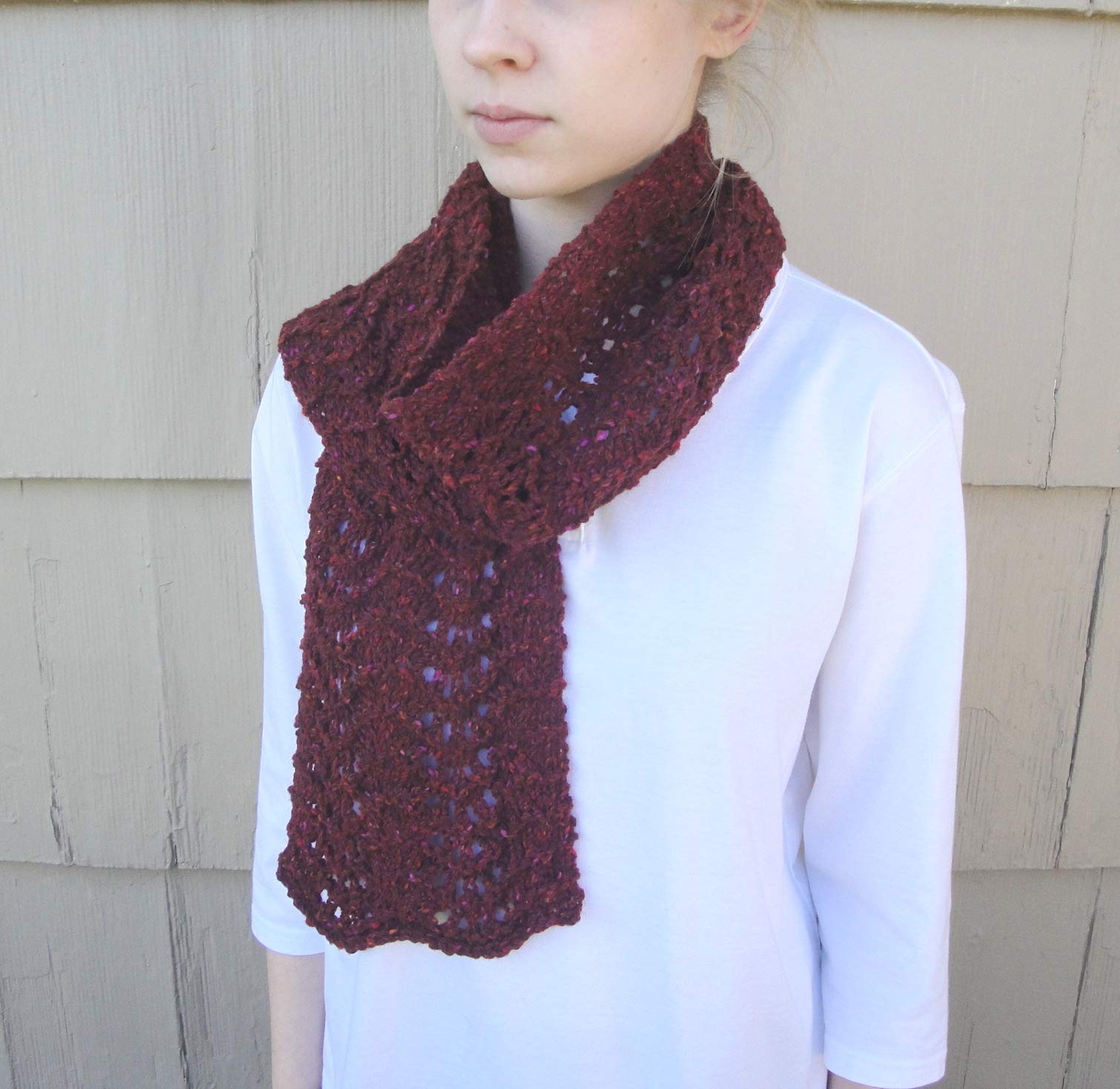 Short Scarf, Deep Burgundy Red, Rustic Wool Tweed, Hand Knit, Lace Texture, Womens Winter Scarf