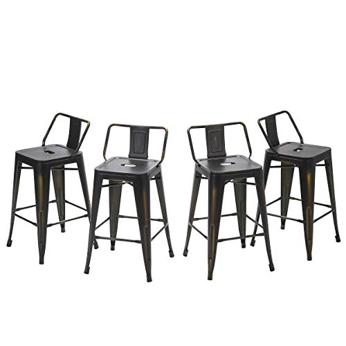 HAOBO Home Modern Industrial Metal Barstools Distressed Bar Stools Counter Height Stools [Set of 4] (24" Low Back Distressed Golden)
