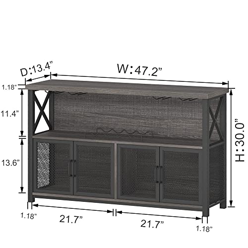 LVB Wine Bar Cabinet, Industrial Coffee Bar Cabinet for Liquor and Glasses, Modern Sideboard Buffet with Storage Rack, Rustic Liquor Home Bar for Kitchen Dining Living Room, Dark Gray Oak, 47 Inch