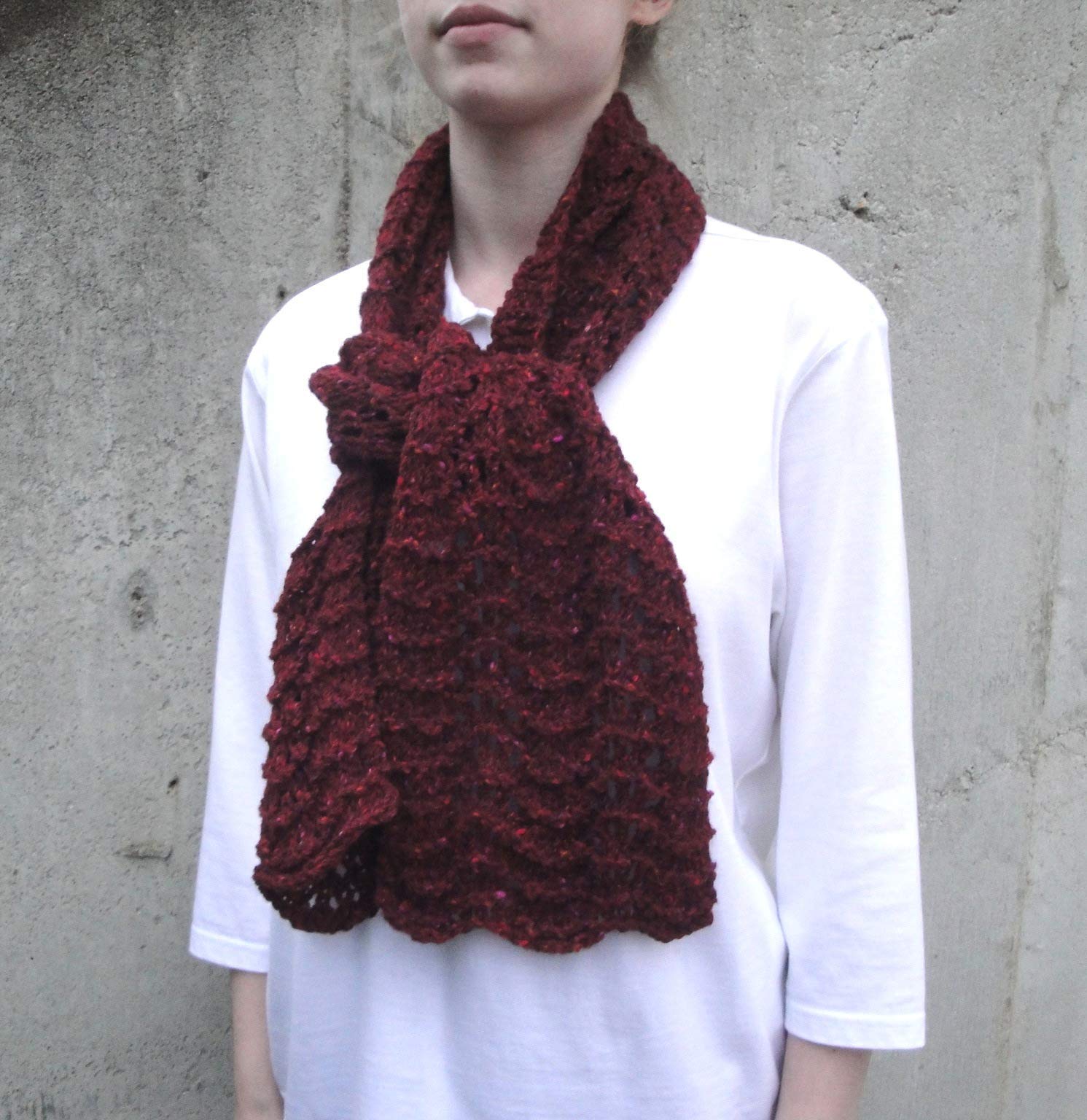 Short Scarf, Deep Burgundy Red, Rustic Wool Tweed, Hand Knit, Lace Texture, Womens Winter Scarf