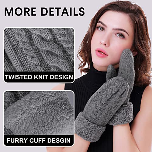 Women's Winter Gloves Warm Lining - Cozy Wool Knit Thick Gloves Mittens in 11 color (Beige+dark gray)