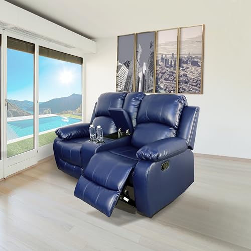 Beverly Fine Furniture Kingman Faux Leather Manual Recliner Sofa, Navy