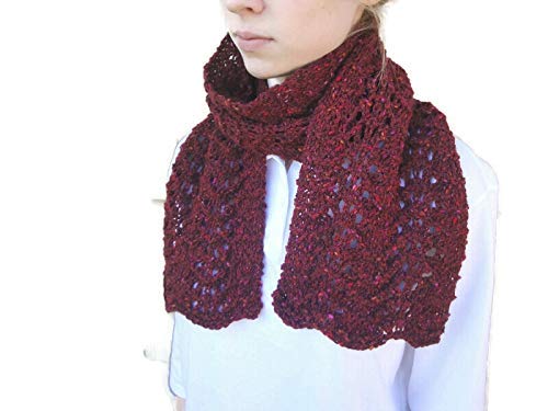 Short Scarf, Deep Burgundy Red, Rustic Wool Tweed, Hand Knit, Lace Texture, Womens Winter Scarf