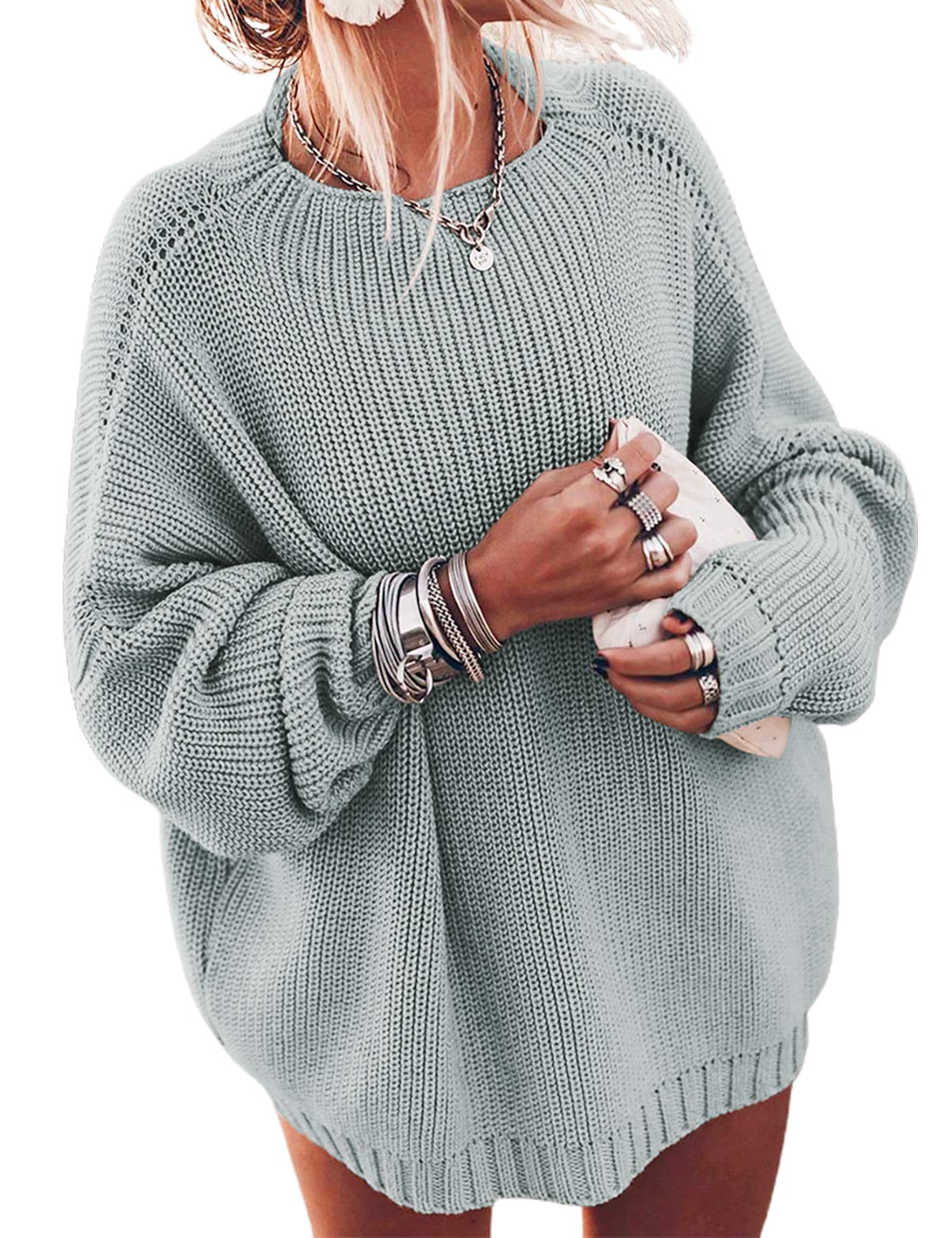 Ugerlov Women's Oversized Sweaters Batwing Sleeve Mock Neck Jumper Tops Chunky Knit Pullover Sweater (Gray, L/XL)