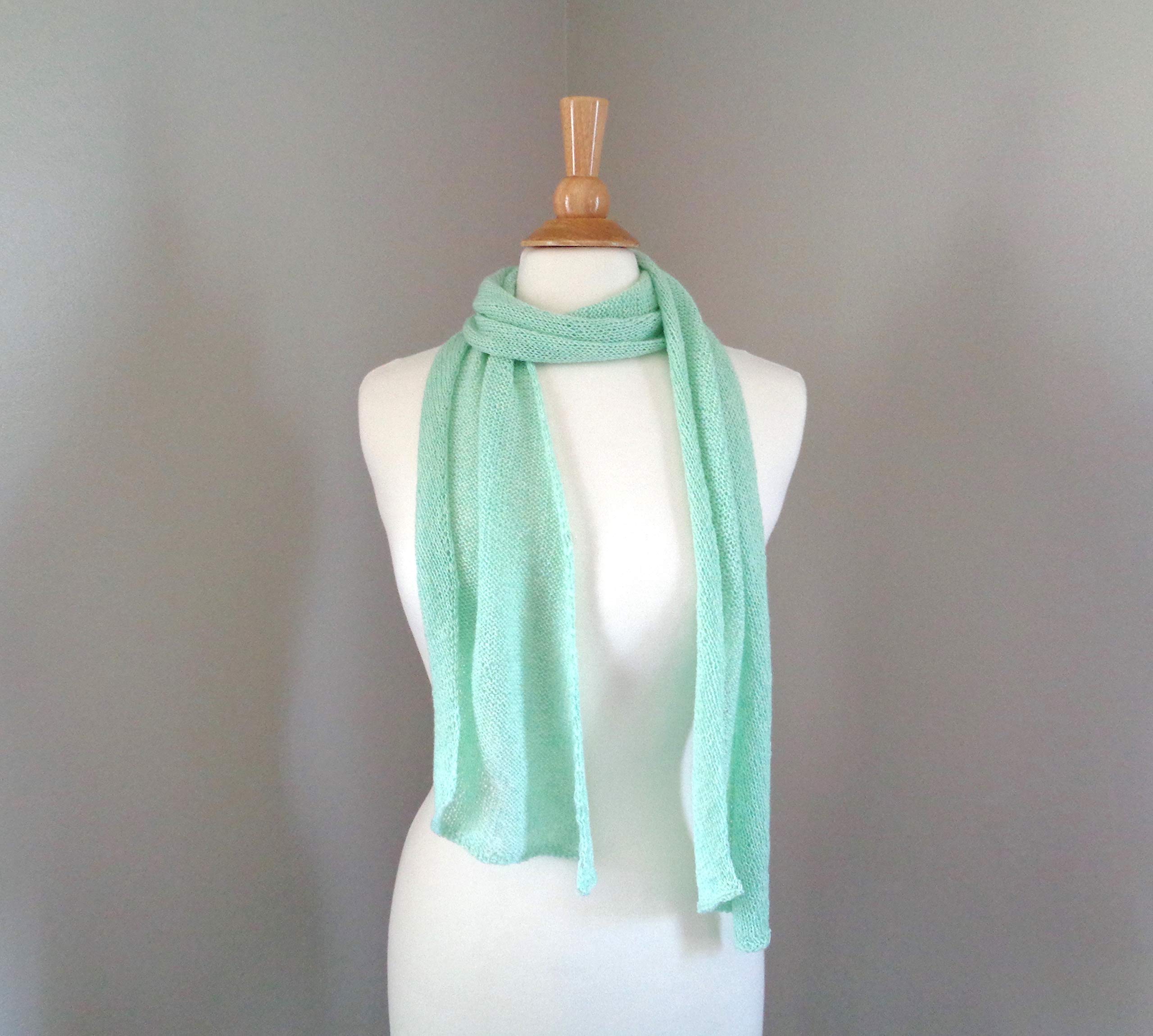 Simple Wrap Scarf, Mint Green, Merino Wool, Hand Knit, Diagonal Bias, Elegant Drapey, Women & Teen Girls, Super Light