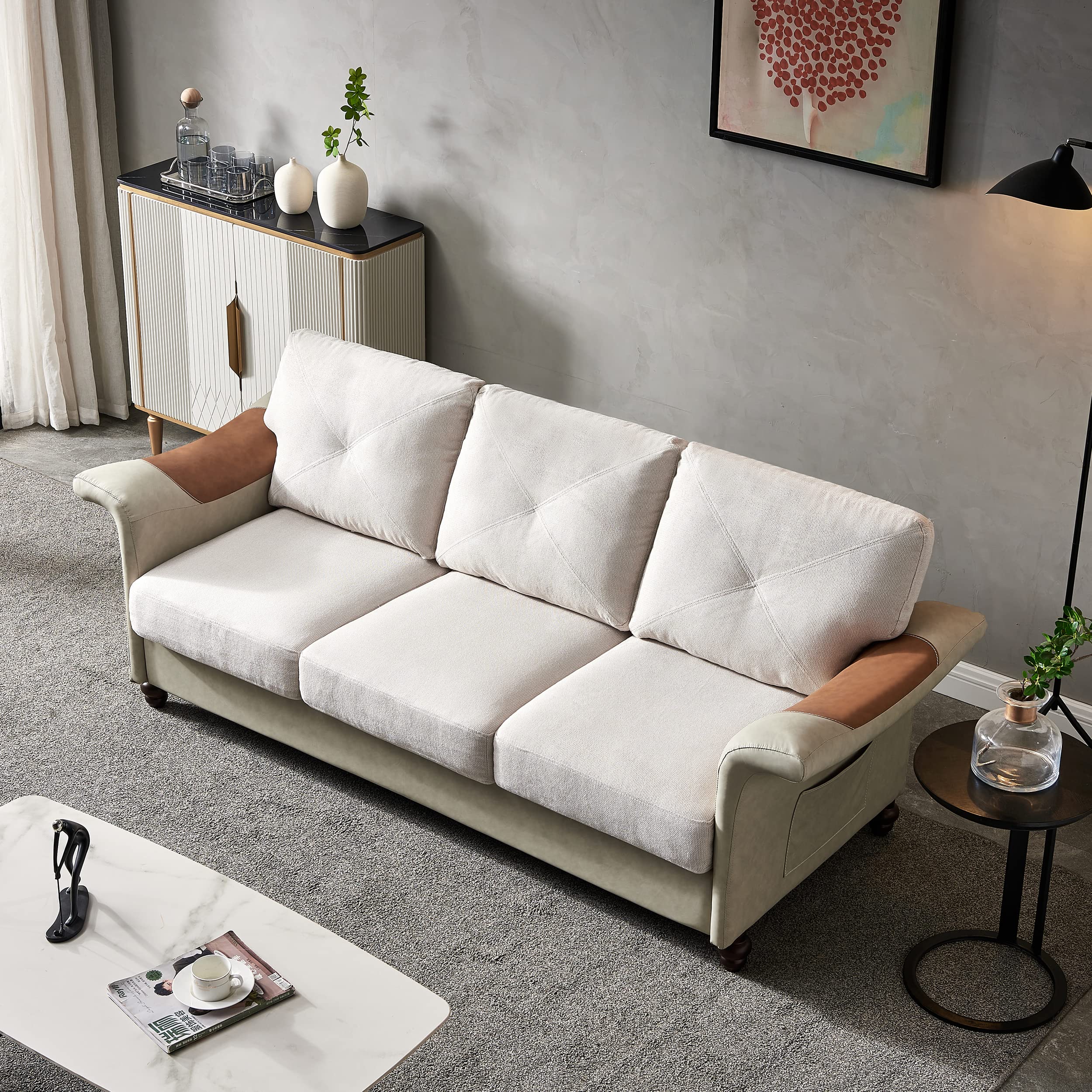 Myshle Furniture Linen Fabric Faux Leather Solid Wood Legs Upholstered Couches Sets with 3-Seat Sofa, Loveseat for Living Room,Beige
