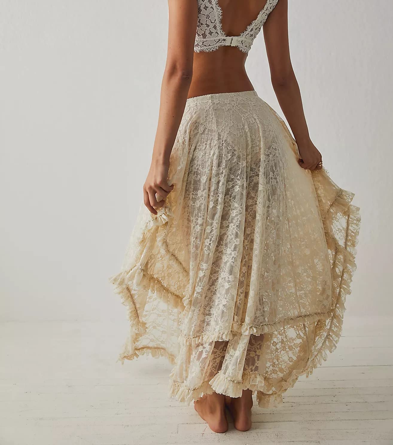 R.Vivimos Women Lace Long Skirts Summer Elastic Asymmetrical Layered Hem Sexy See-Through Beach Floral Maxi Skirts (Medium, Beige)