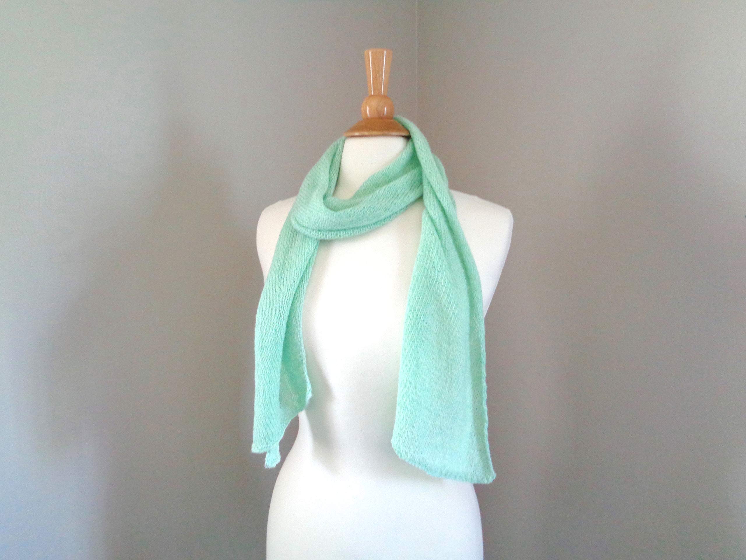 Simple Wrap Scarf, Mint Green, Merino Wool, Hand Knit, Diagonal Bias, Elegant Drapey, Women & Teen Girls, Super Light