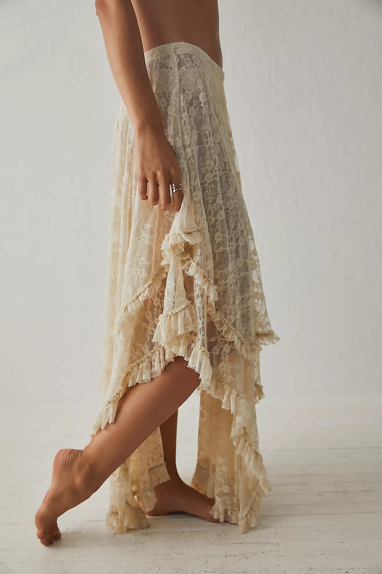 R.Vivimos Women Lace Long Skirts Summer Elastic Asymmetrical Layered Hem Sexy See-Through Beach Floral Maxi Skirts (Medium, Beige)