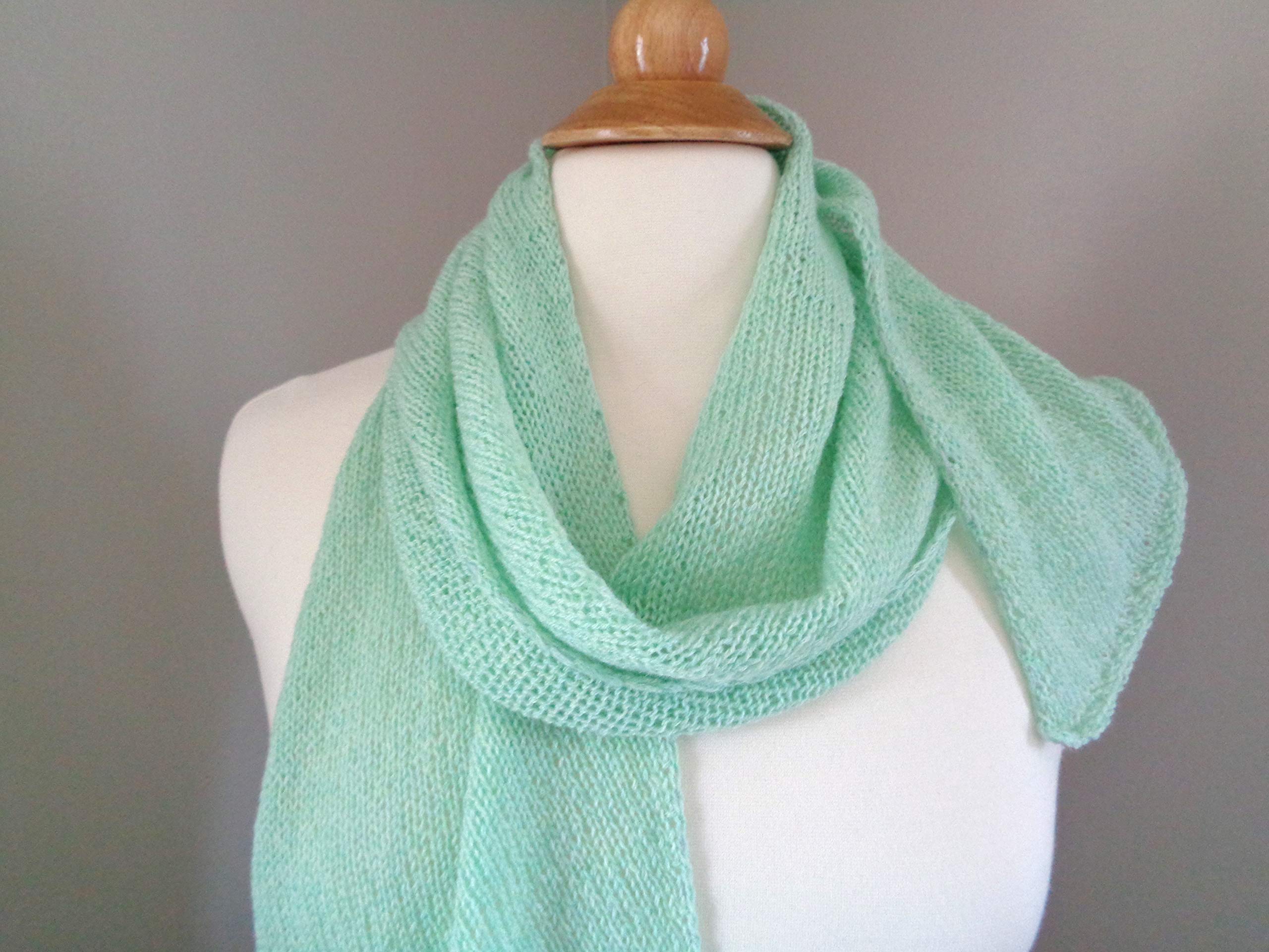 Simple Wrap Scarf, Mint Green, Merino Wool, Hand Knit, Diagonal Bias, Elegant Drapey, Women & Teen Girls, Super Light