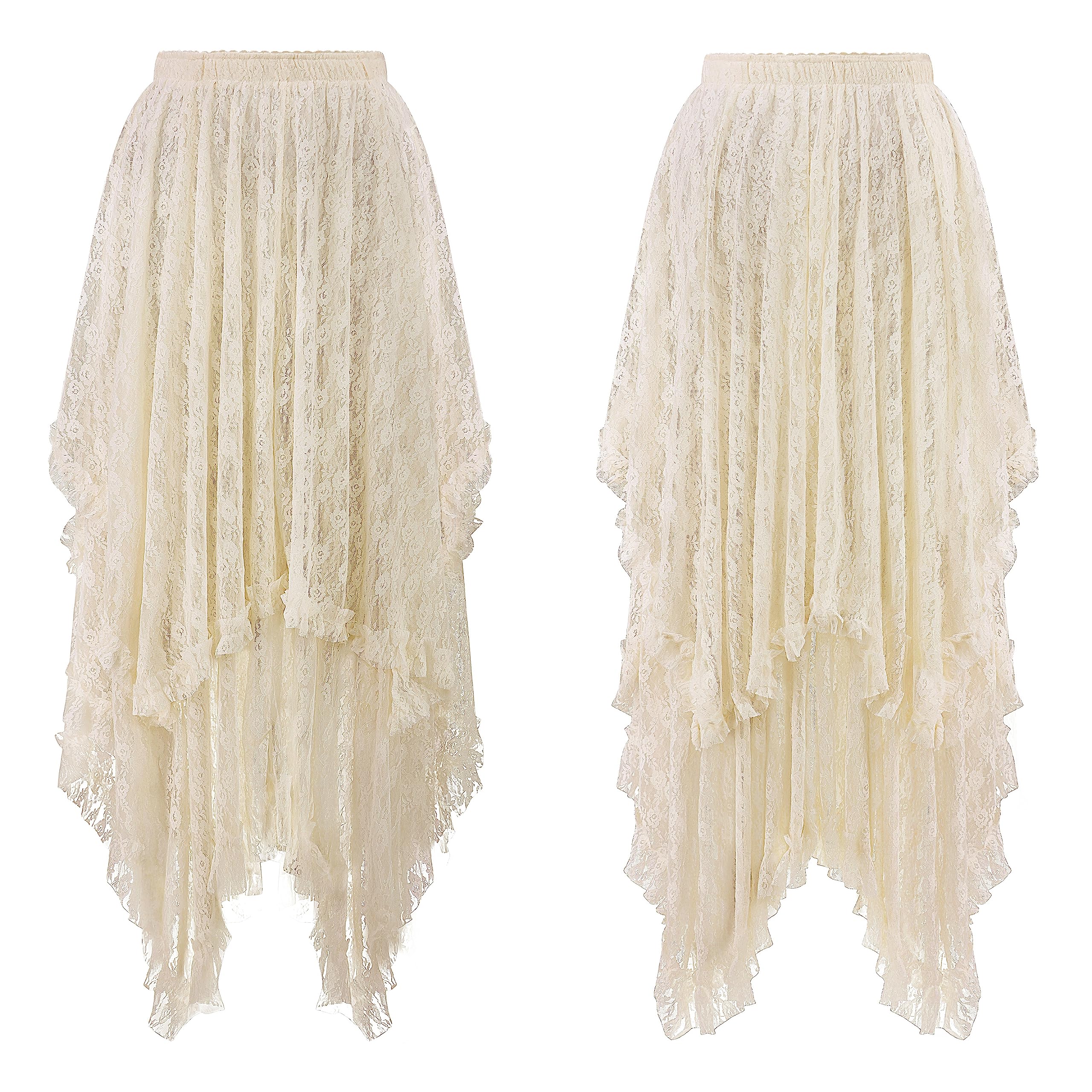 R.Vivimos Women Lace Long Skirts Summer Elastic Asymmetrical Layered Hem Sexy See-Through Beach Floral Maxi Skirts (Medium, Beige)