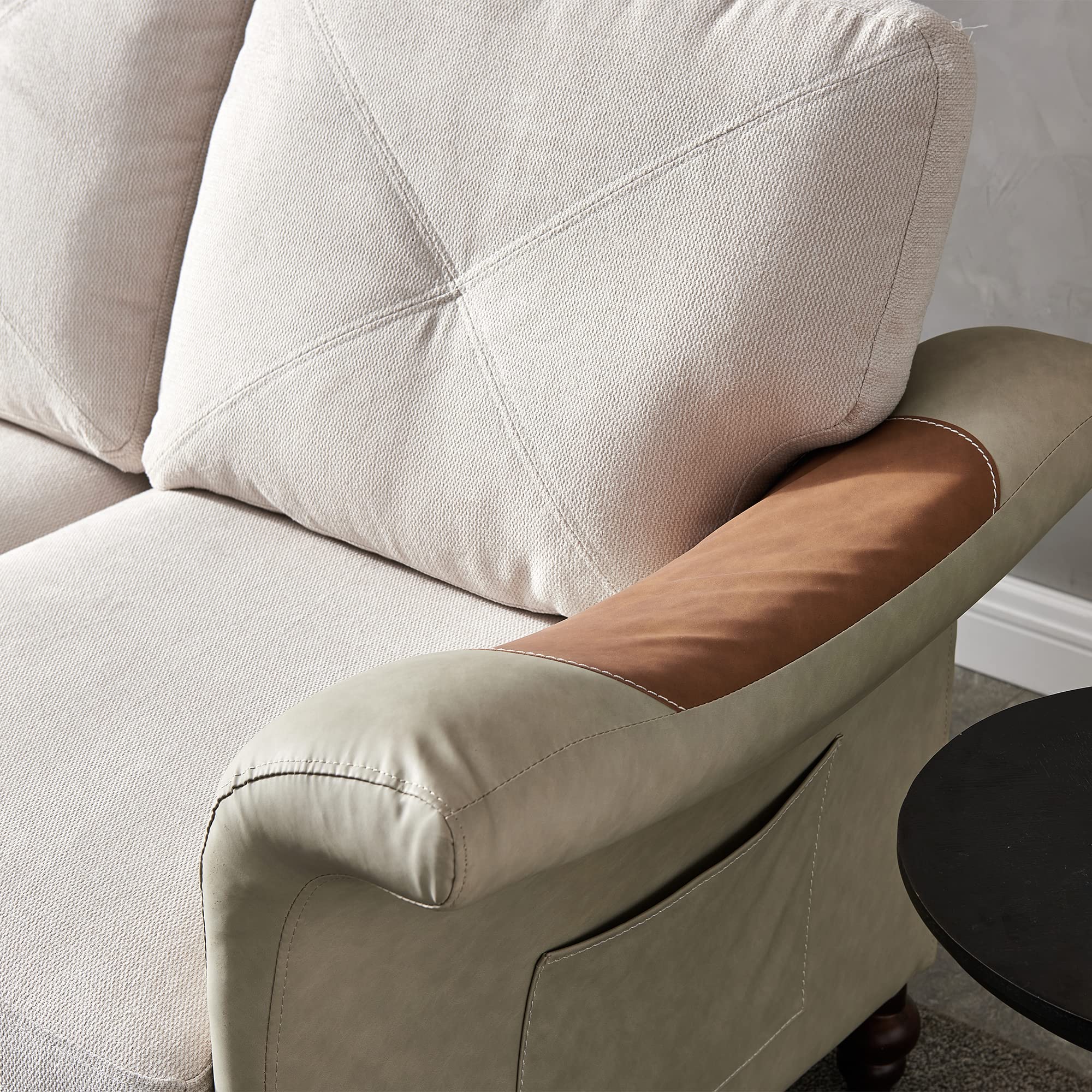 Myshle Furniture Linen Fabric Faux Leather Solid Wood Legs Upholstered Couches Sets with 3-Seat Sofa, Loveseat for Living Room,Beige