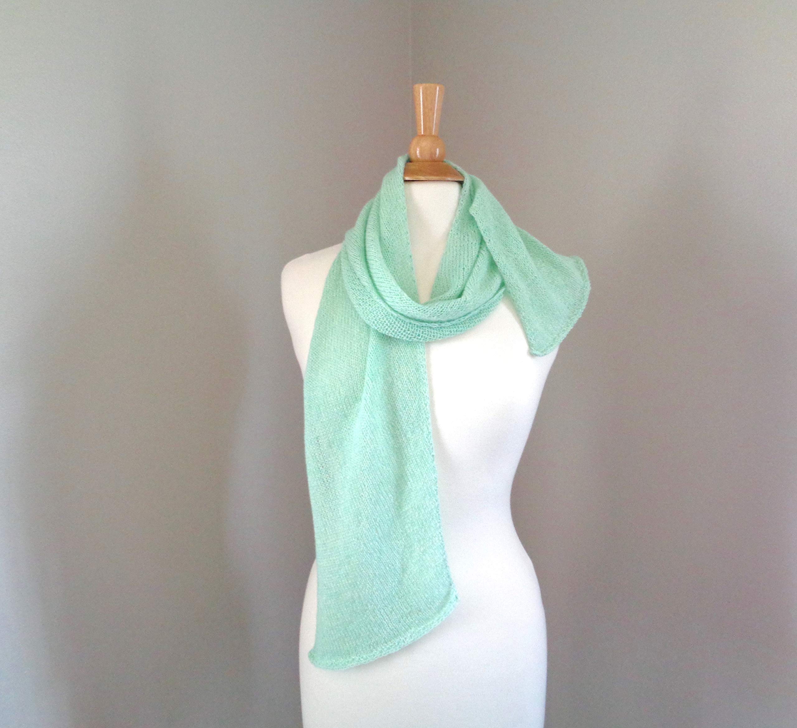 Simple Wrap Scarf, Mint Green, Merino Wool, Hand Knit, Diagonal Bias, Elegant Drapey, Women & Teen Girls, Super Light
