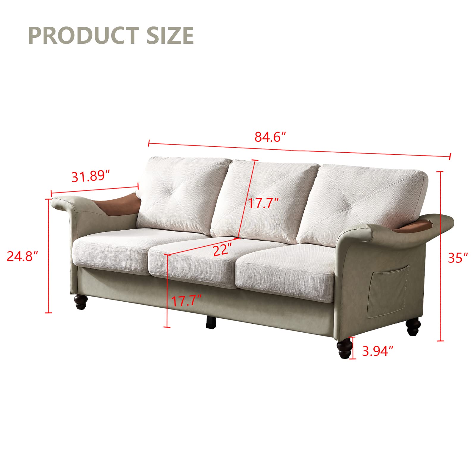 Myshle Furniture Linen Fabric Faux Leather Solid Wood Legs Upholstered Couches Sets with 3-Seat Sofa, Loveseat for Living Room,Beige