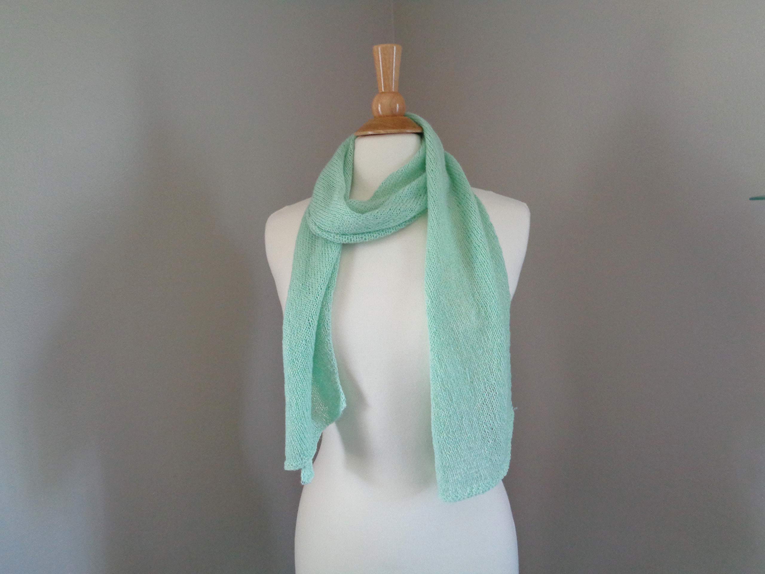 Simple Wrap Scarf, Mint Green, Merino Wool, Hand Knit, Diagonal Bias, Elegant Drapey, Women & Teen Girls, Super Light