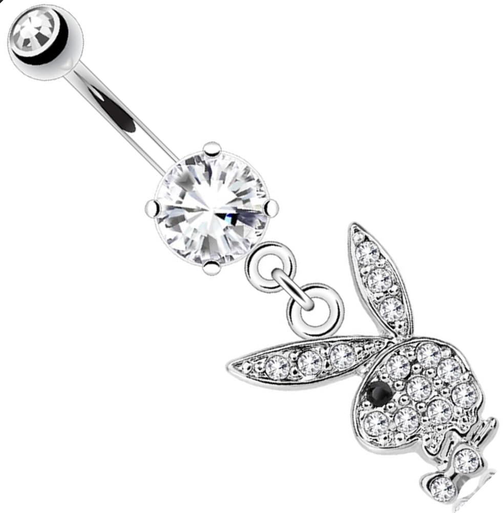Playboy Belly Button Ring Multi Paved Gems on Bunny Dangle (Clear/black eye)