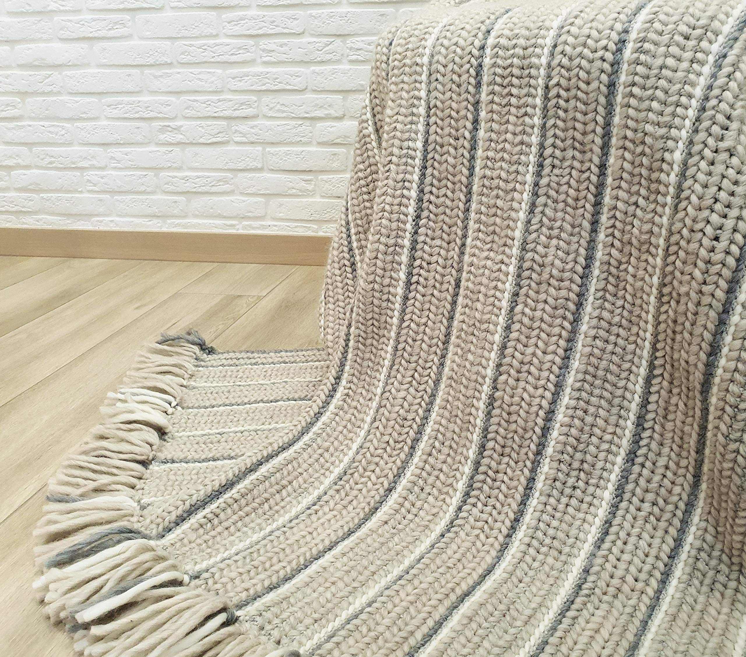Crochet wool Blanket Gray Beige Warm throw blanket merino Knit Handmade Throw, 43x63 inches