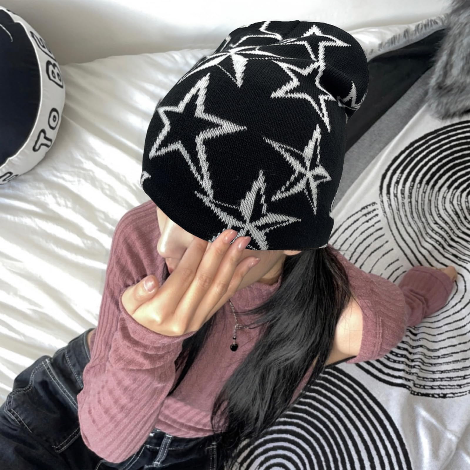 Diskebuiss Y2k Wool Beanie for Unisex-Adults, Star Pattern, One Size, White