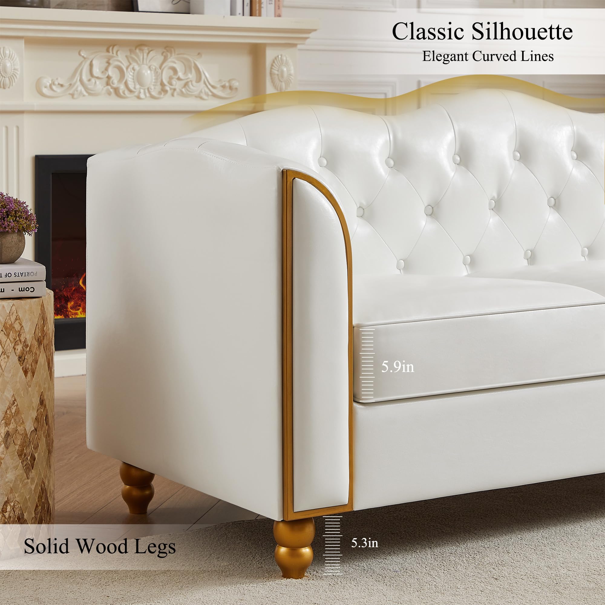 HITHOS 78" Leather Sofa Couch, Soft 3 Seater Sofa Couches for Living Room, Button Tufted Comfy Couch Modern Sofa with Upholstered Cushion, Gold Trim, Solid Wood Legs for Dorm Bedroom Apartment, White