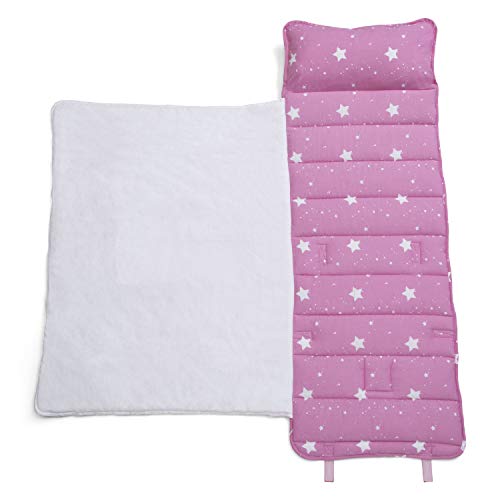 Delta Children Nap Mat with Included Pillow and Blanket for Toddlers and Kids; Features Carry Handle with Strap Closure and Name Tag; Rollup Design is Ideal for Preschool and Daycare, Blushing Stars