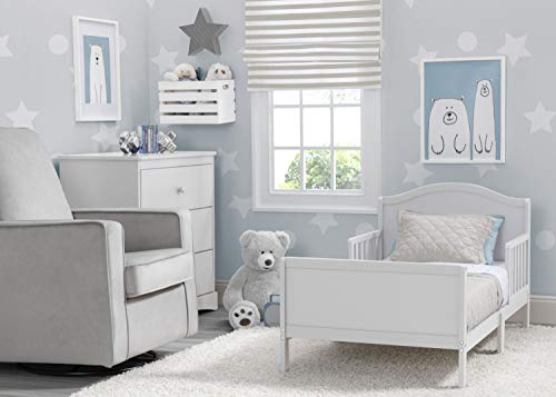 Delta Children Bennett Toddler Bed, Bianca White + Delta Children Twinkle Galaxy Dual Sided Recycled Fiber Core Toddler Mattress (Bundle)