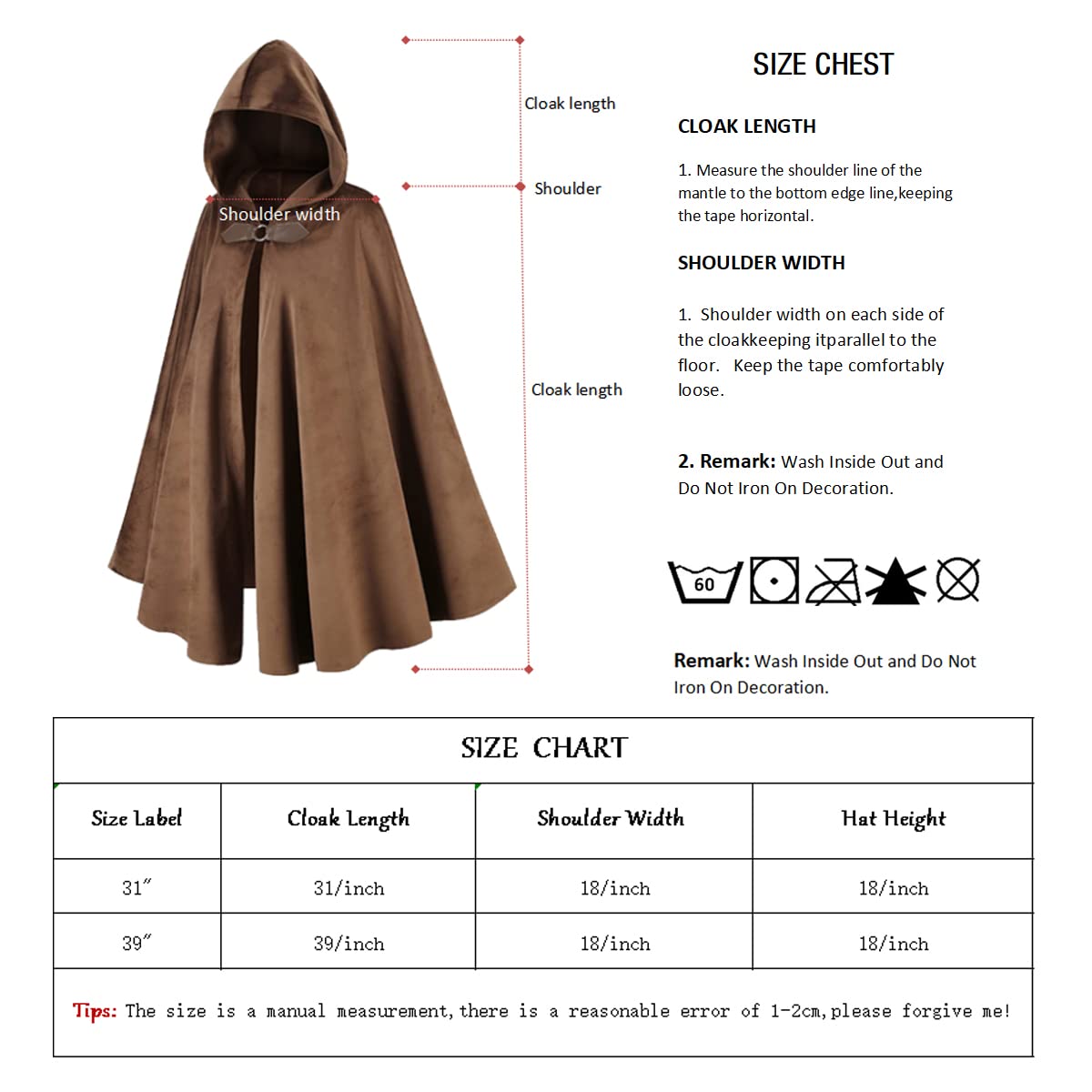 Colorful House Adult Northern knight Costume Cloak Gothic Witch Cloak Renaissance Medieval Capes(Brown,39")