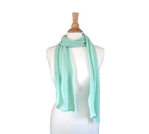Simple Wrap Scarf, Mint Green, Merino Wool, Hand Knit, Diagonal Bias, Elegant Drapey, Women & Teen Girls, Super Light