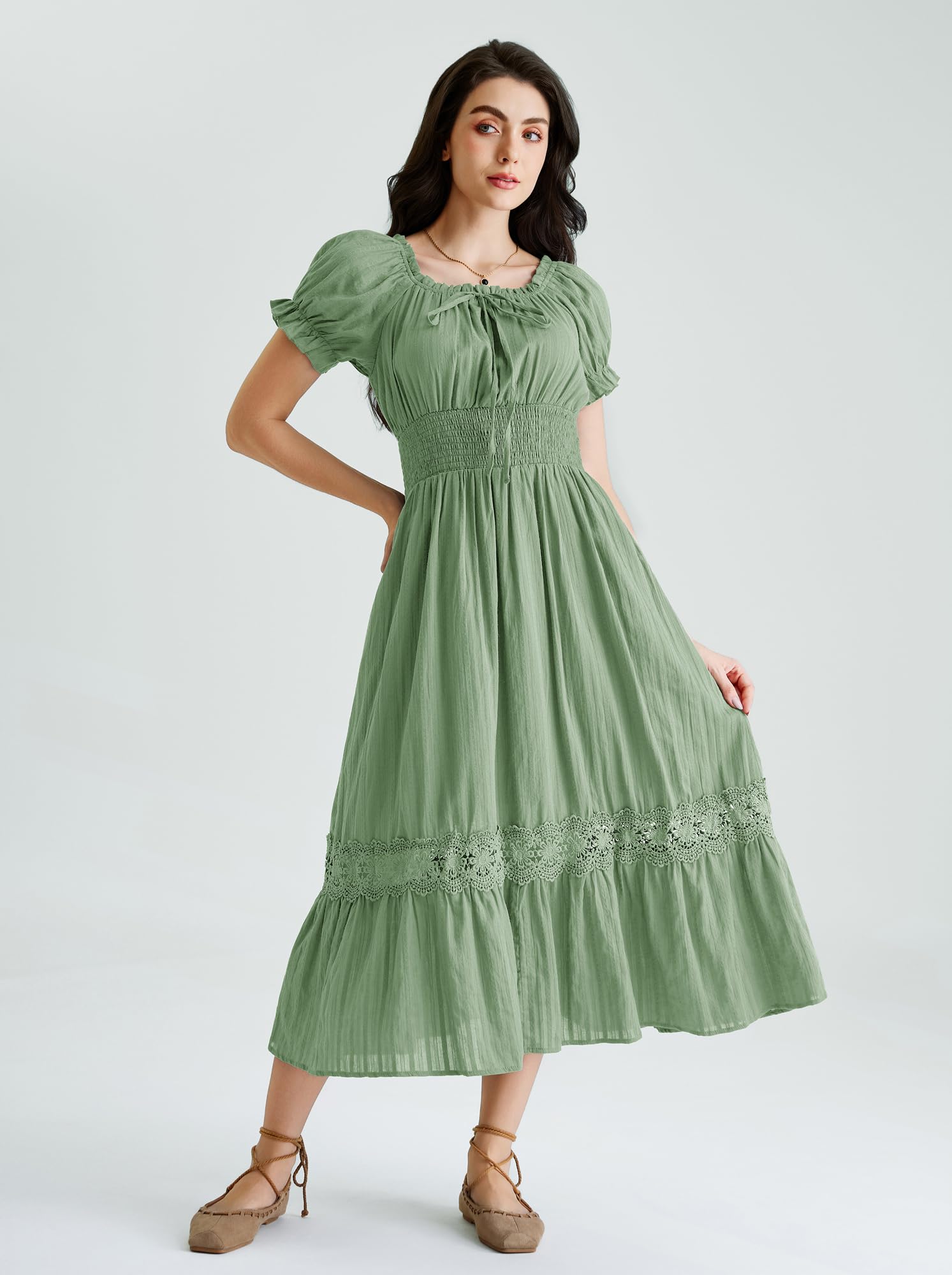 Renaissance Dress for Women Medieval Midi Length Vintage Dresses Light Green L