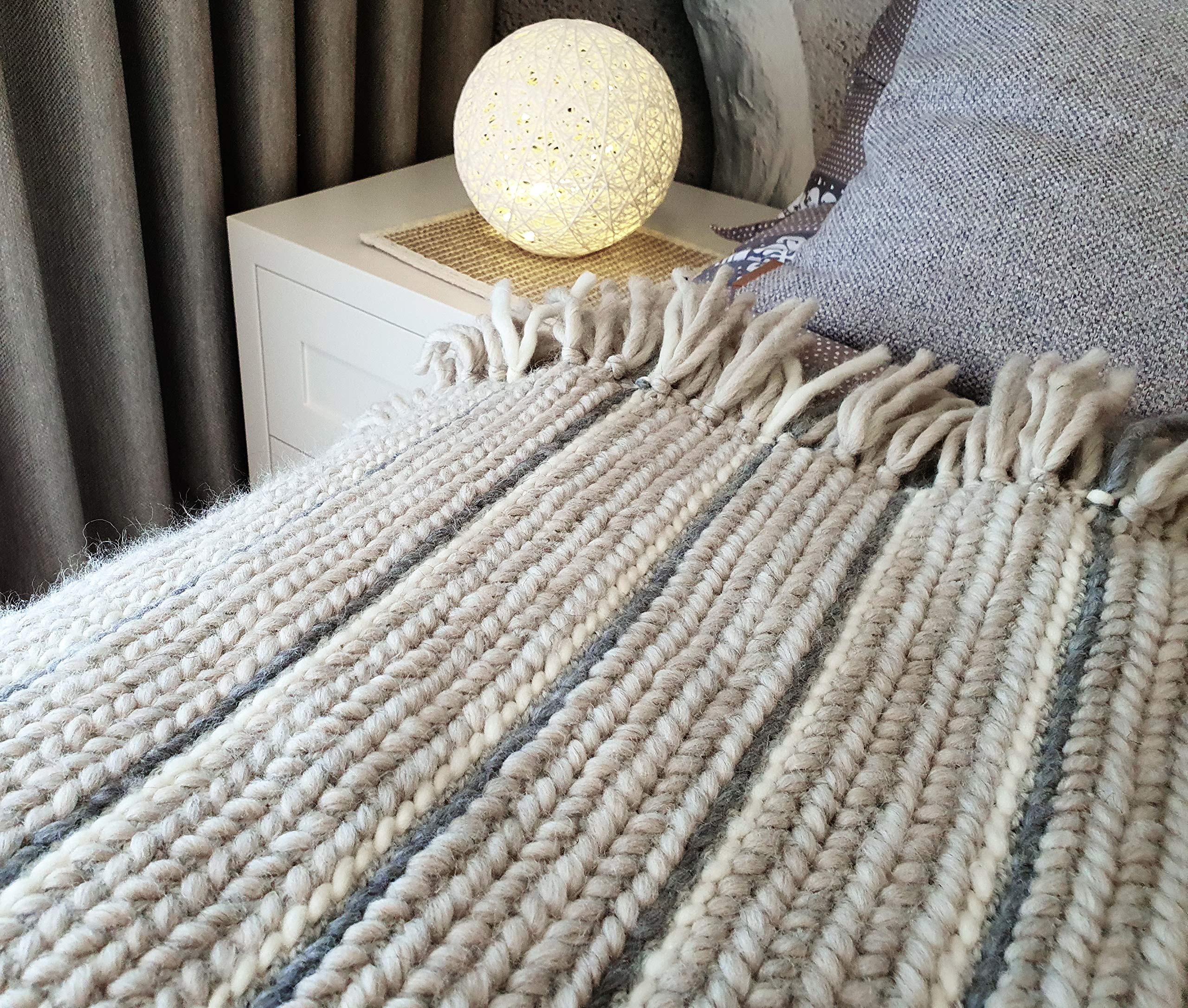 Crochet wool Blanket Gray Beige Warm throw blanket merino Knit Handmade Throw, 43x63 inches