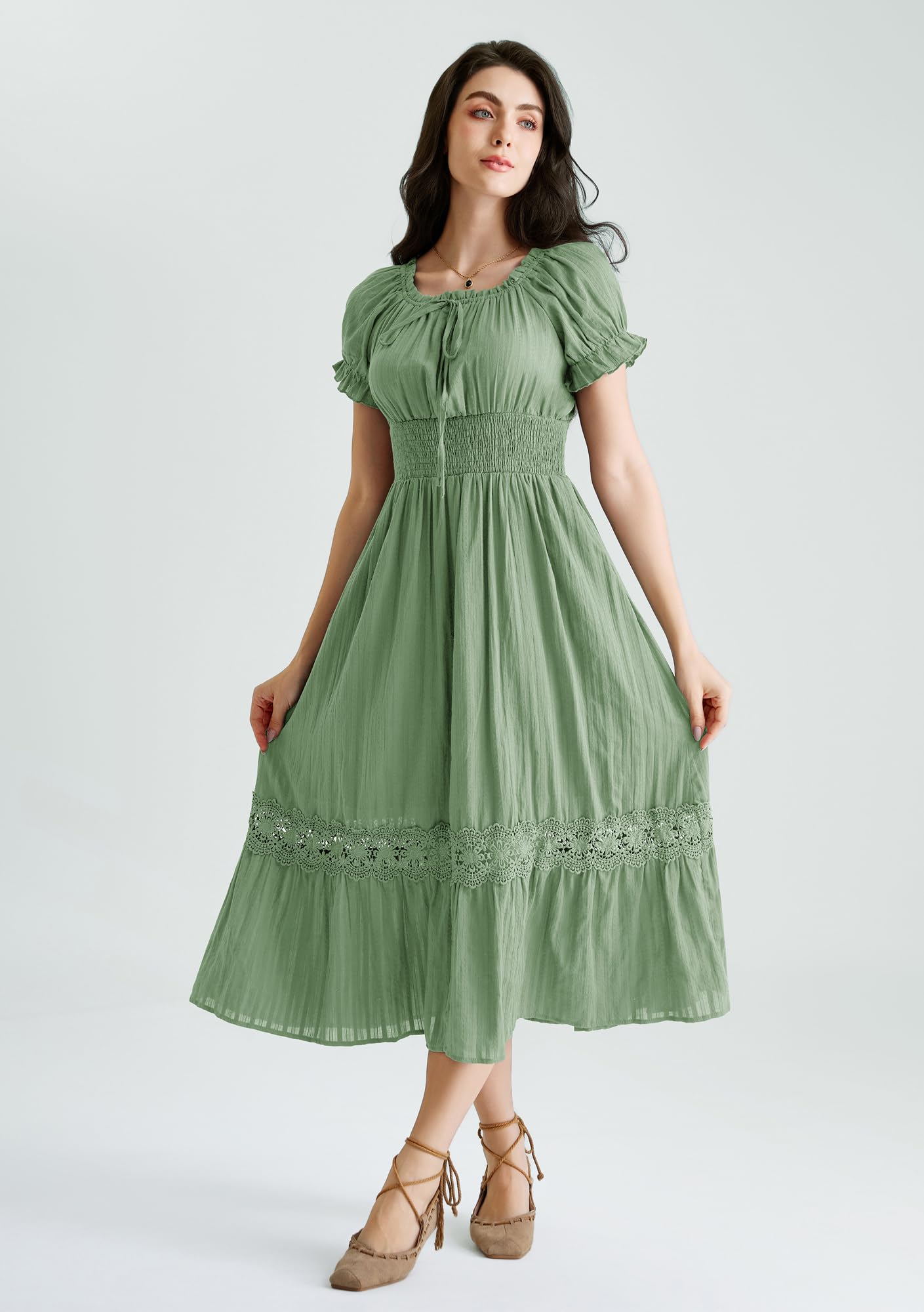 Renaissance Dress for Women Medieval Midi Length Vintage Dresses Light Green L