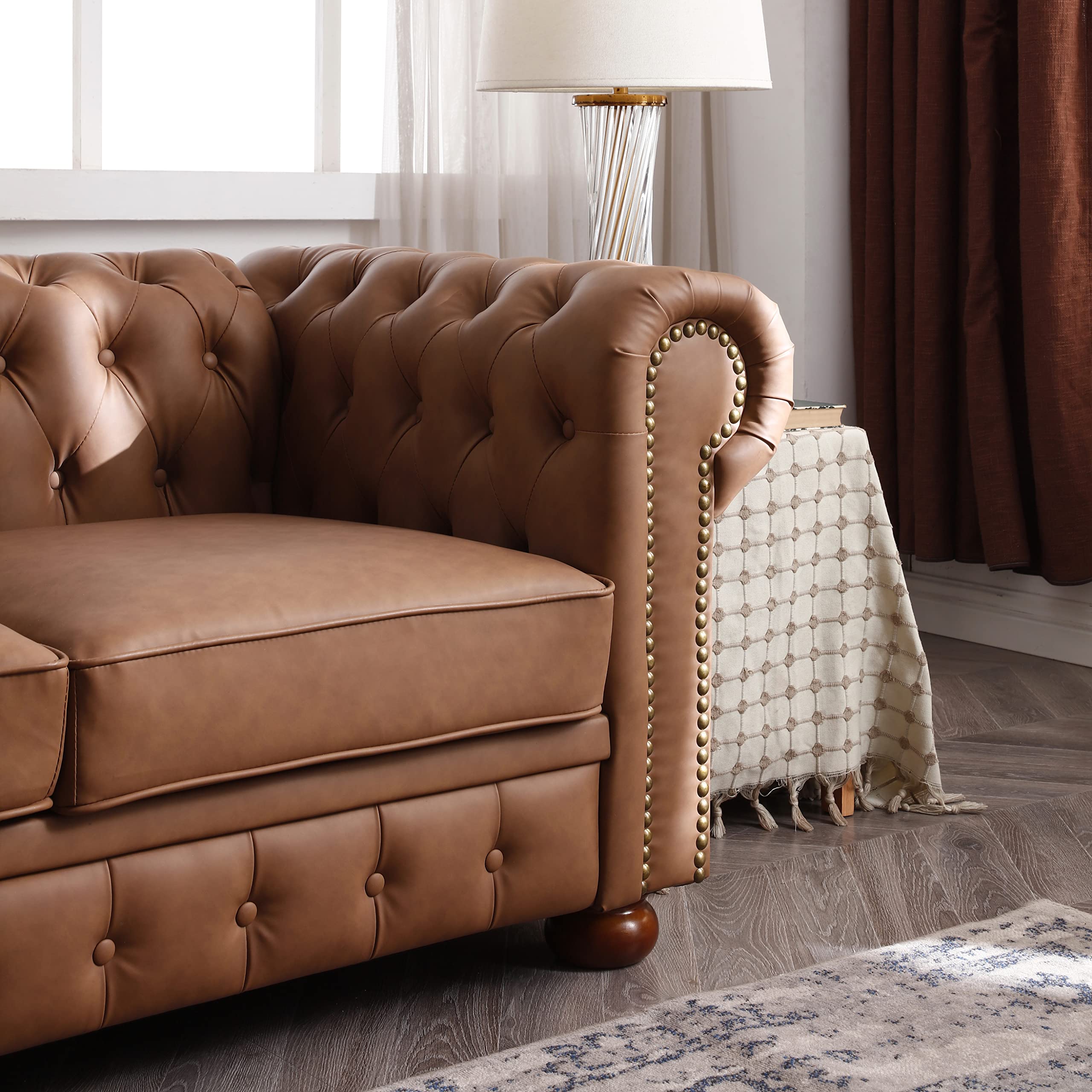 FANYHOME Futon Bed Designs Faux Leather Upholstered 3-Seater Living Room Button and Copper Nail on Arms, Classic Chesterfield Sofa, Brown