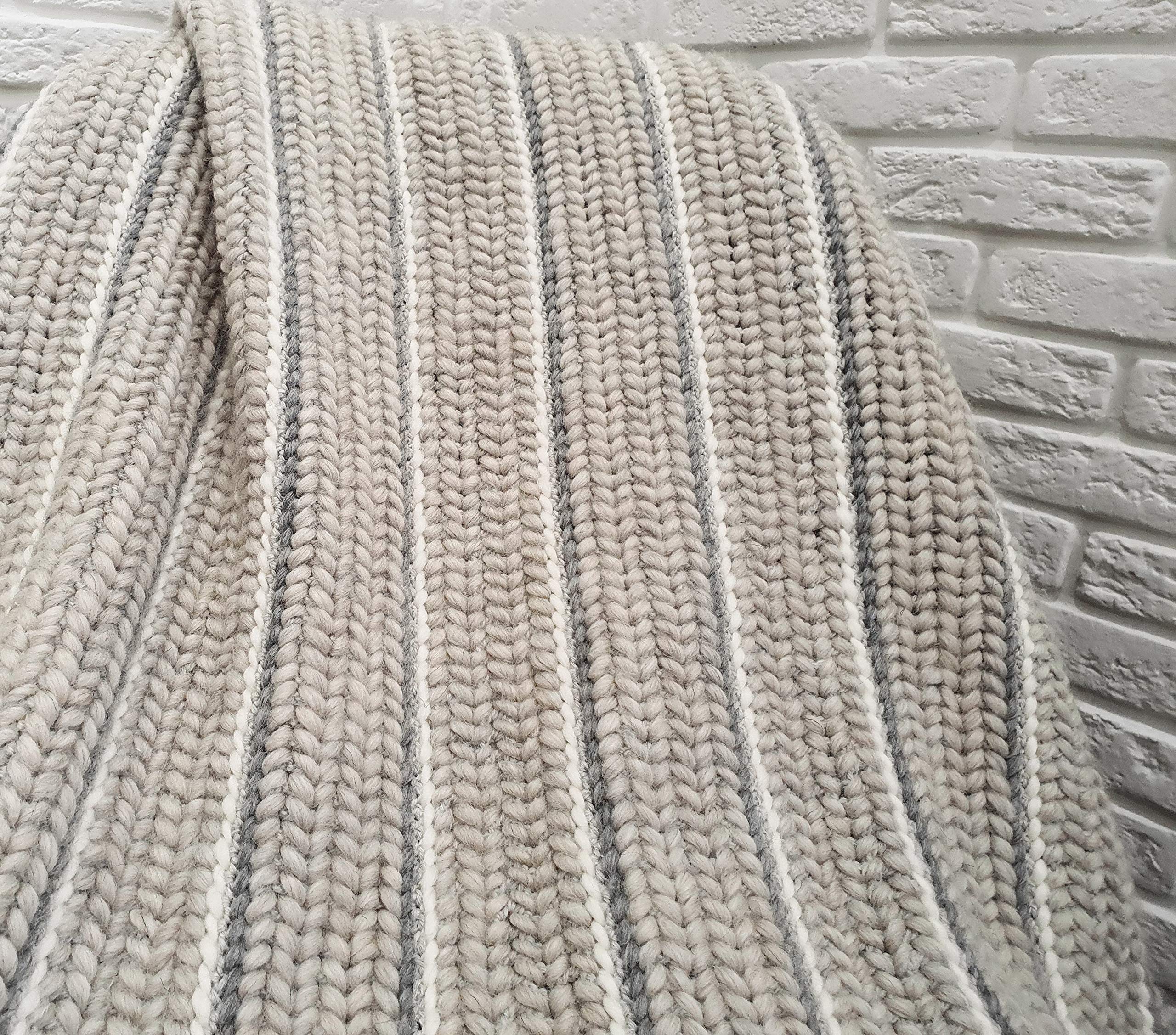 Crochet wool Blanket Gray Beige Warm throw blanket merino Knit Handmade Throw, 43x63 inches