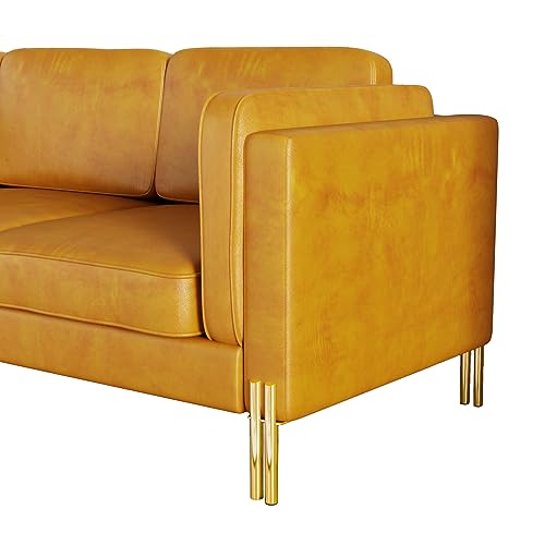 Lostcat 94"PU Leather Sofa, Mid-Century Modern Loveseat Couches Modern Sofa,94" Sofa with Reversible PU Leather Upholstered, Large 3 Seater Sofa with Gold Metal Legs for Living Room Comfy Couch,Brown