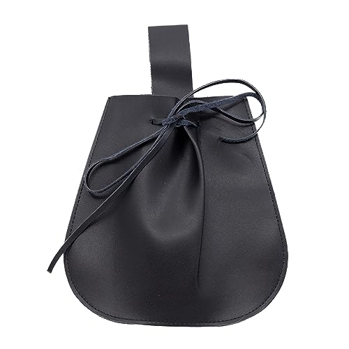 Medeival Faux Leather Pouch for Renaissance Faire, Portable Drawstring Purse, Vintage Belt Pouch Dice Bag For LARP Cosplay Costumes (Black)