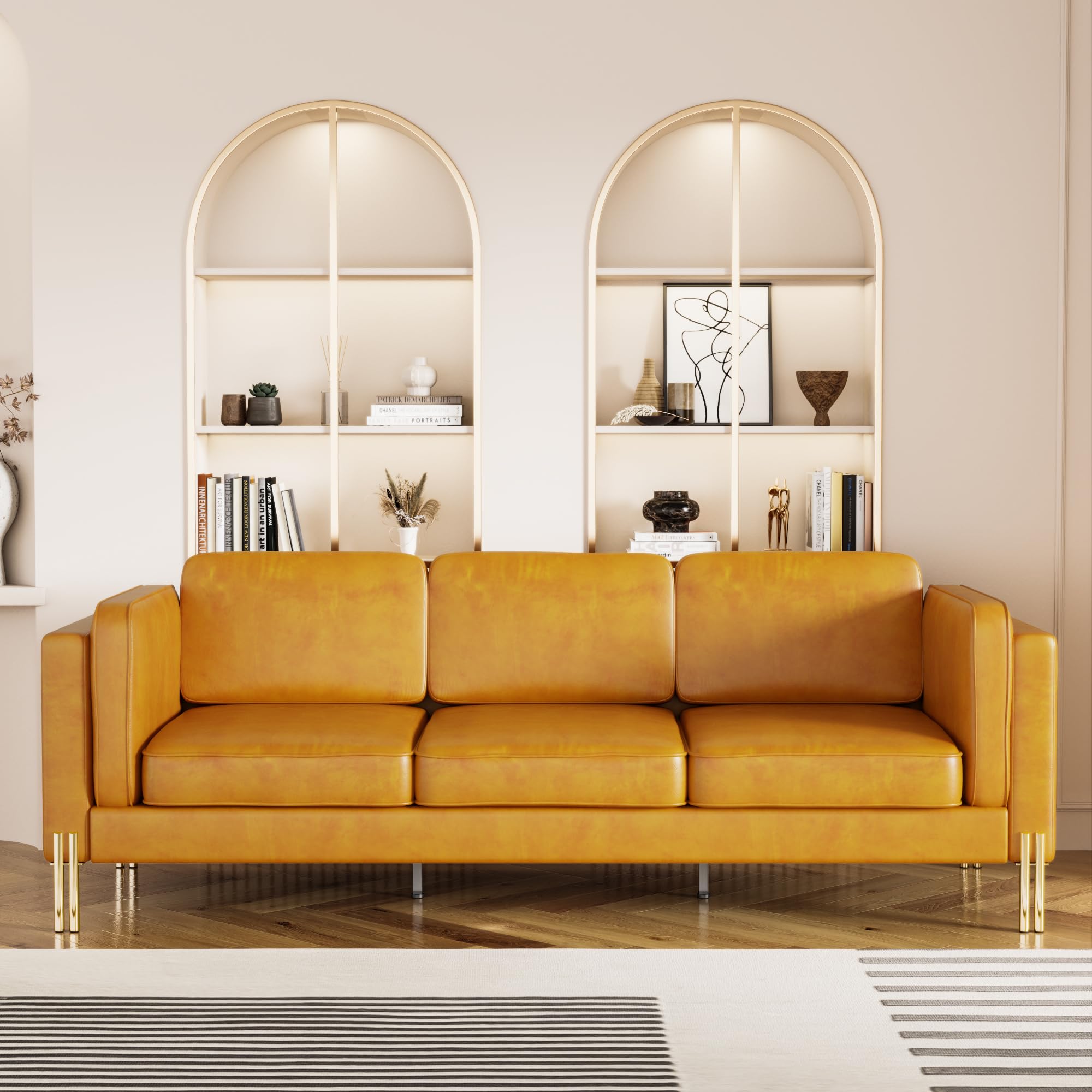 Lostcat 94"PU Leather Sofa, Mid-Century Modern Loveseat Couches Modern Sofa,94" Sofa with Reversible PU Leather Upholstered, Large 3 Seater Sofa with Gold Metal Legs for Living Room Comfy Couch,Brown